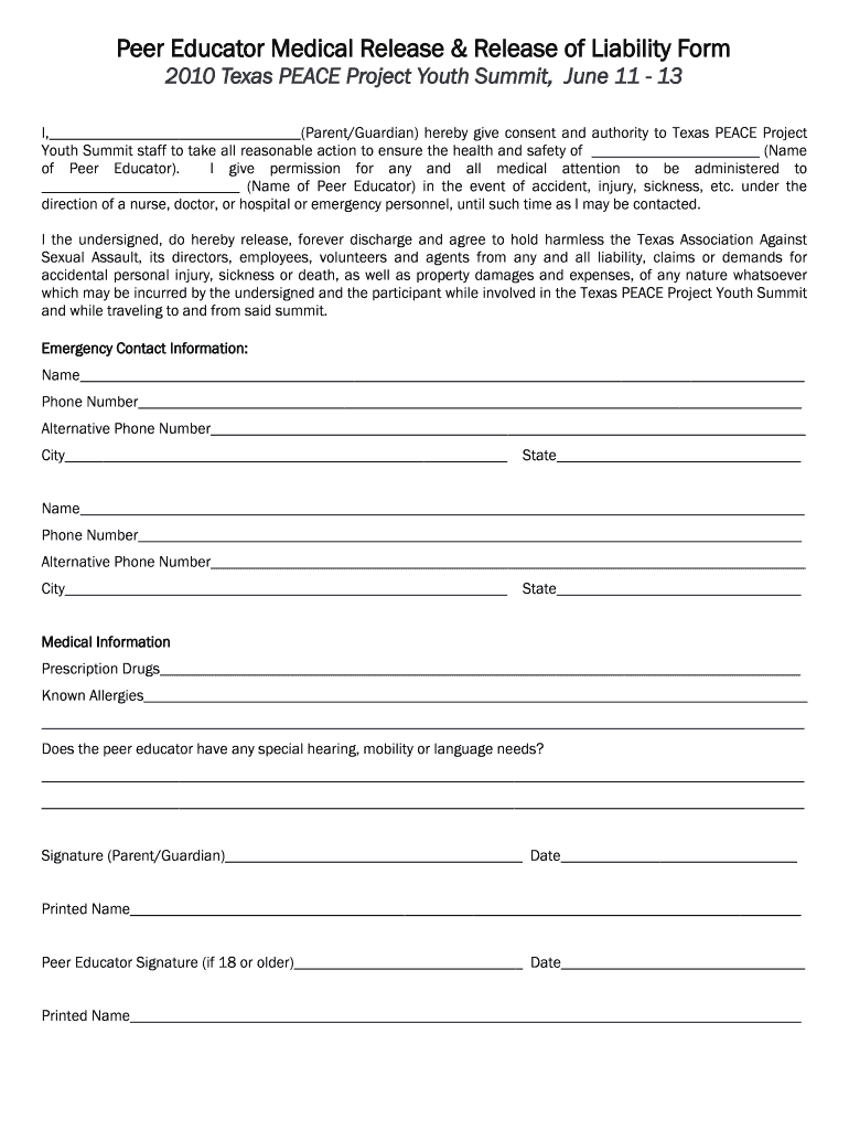 Fillable Online taasa memberlodge Peer Educator Medical Release ...