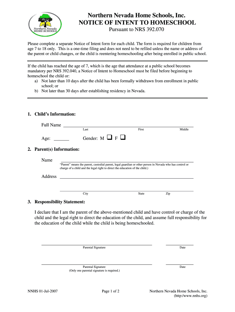Fillable Online nnhs memberlodge NNHS Notice of Intent to Homeschool ...