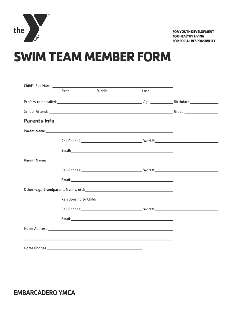 Fillable Online ymcasf SWIM TEAM MEMBER FORM Fax Email Print - pdfFiller