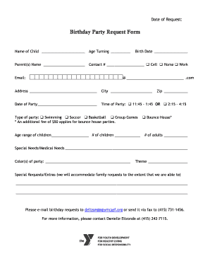 Fillable Online ymcasf Birthday Party Request Form - ymcasf Fax Email ...