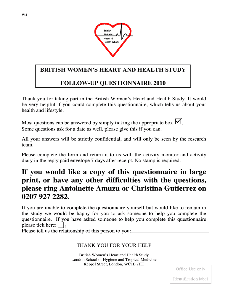 Fillable Online lshtm ac W4 follow up questionnaire 2010 - London ...