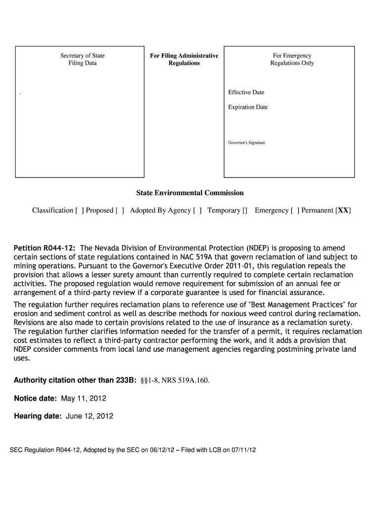 Fillable Online sec nv Petition R044-12 The Nevada Division of Environmental Protection (NDEP ...