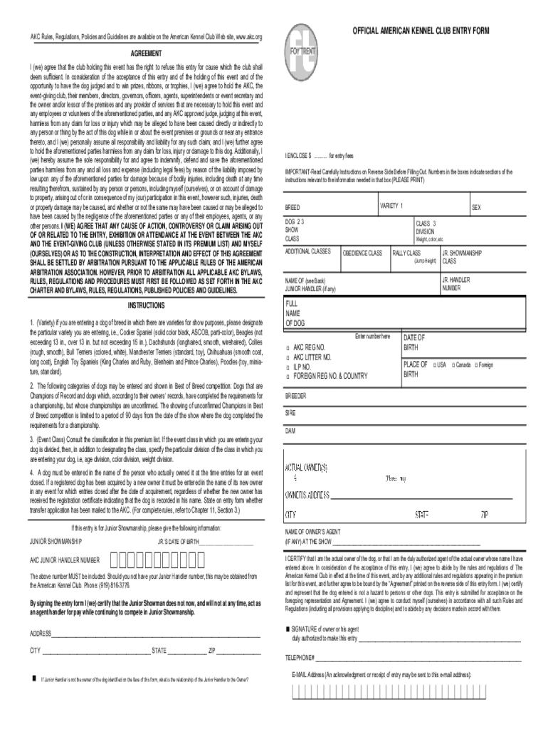 Fillable Online Fillable Online dotcanc OFFICIAL AKC RALLY ENTRY FORM ...