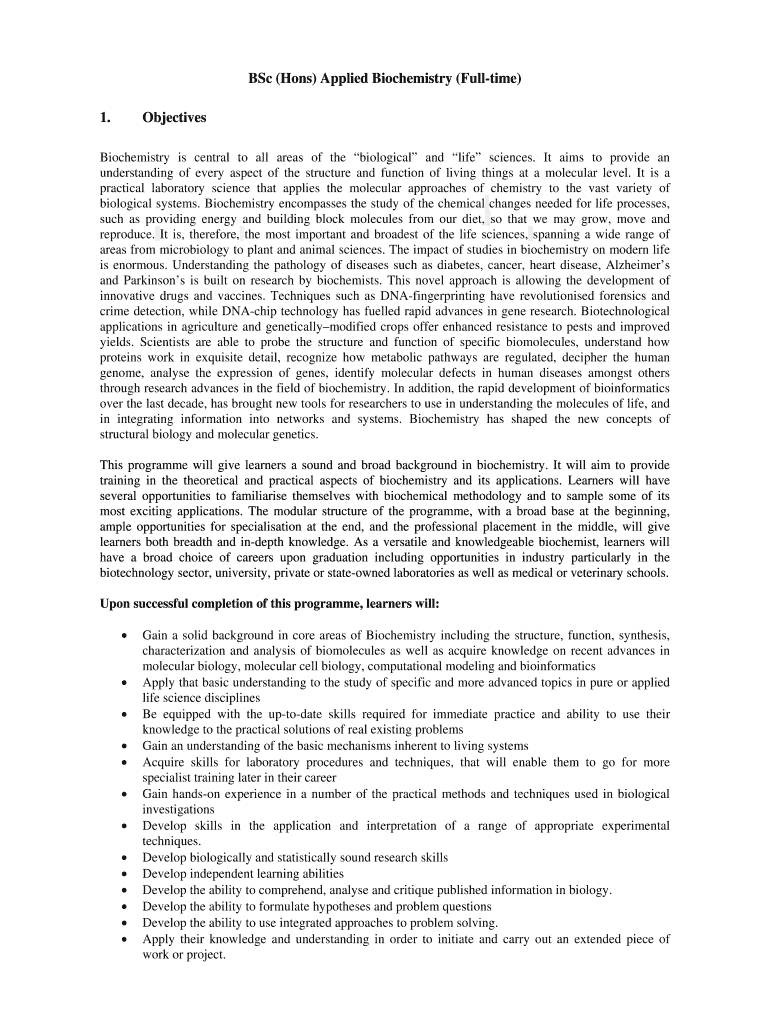 Fillable Online BSc (Hons) Applied Biochemistry (Full-time) Fax Email ...