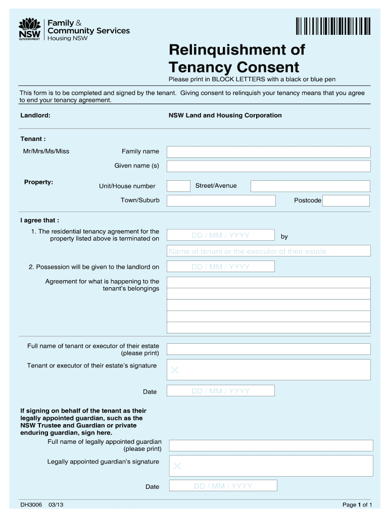 Fillable Online DH3006 - Relinquishment of Tenancy Consent - Housing ...