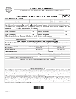 Fillable Online ccsf Financial aid office dependent care verification form - City College of ...