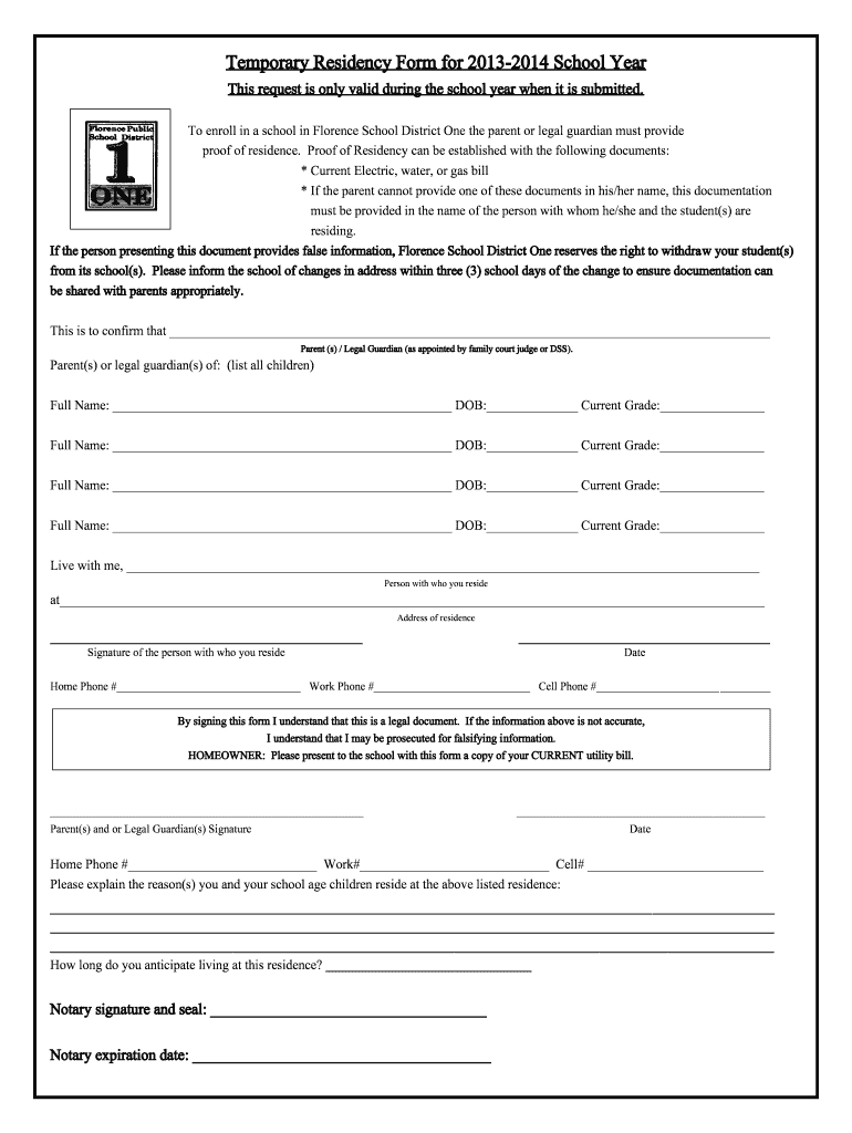 Fillable Online fsd1 Temporary Residency Form - Florence School ...