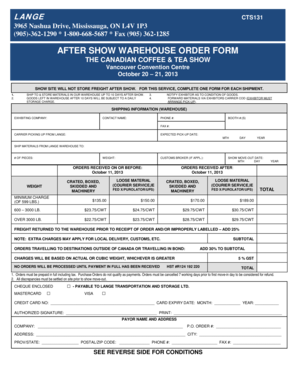 Fillable Online AFTER SHOW WAREHOUSE ORDER FORM - The Canadian ... Fax ...