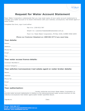 Fillable Online Request for Water Account Statement - State Water ...