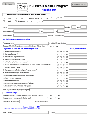 Fillable Online hoolalahui HHM Health Form - Ho'ola Lahui Hawai'i Fax ...