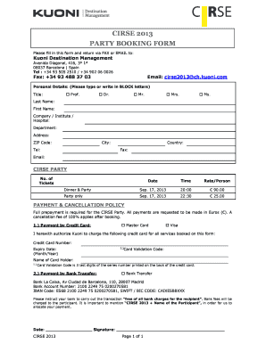 Fillable Online cirse CIRSE 2013 PARTY BOOKING FORM Fax Email Print ...