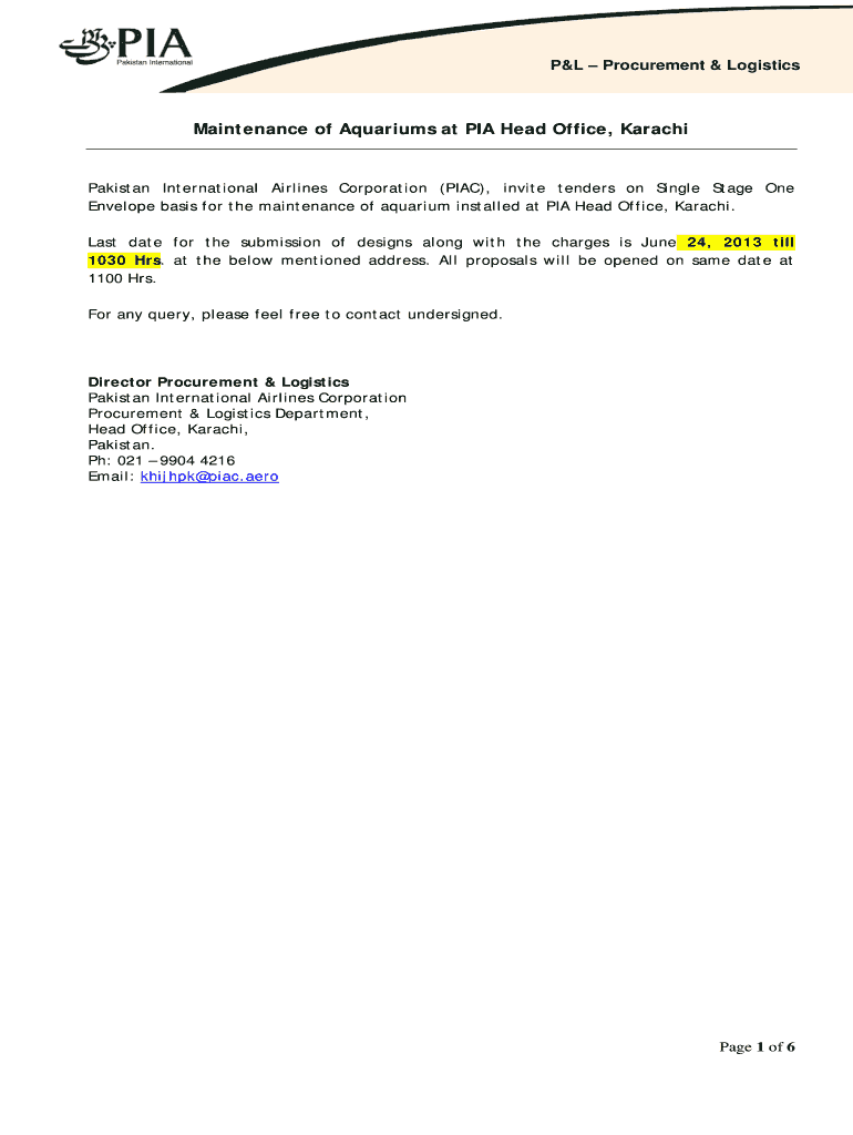 Fillable Online Maintenance of Aquariums at PIA Head Office, Karachi Fax Email Print - pdfFiller