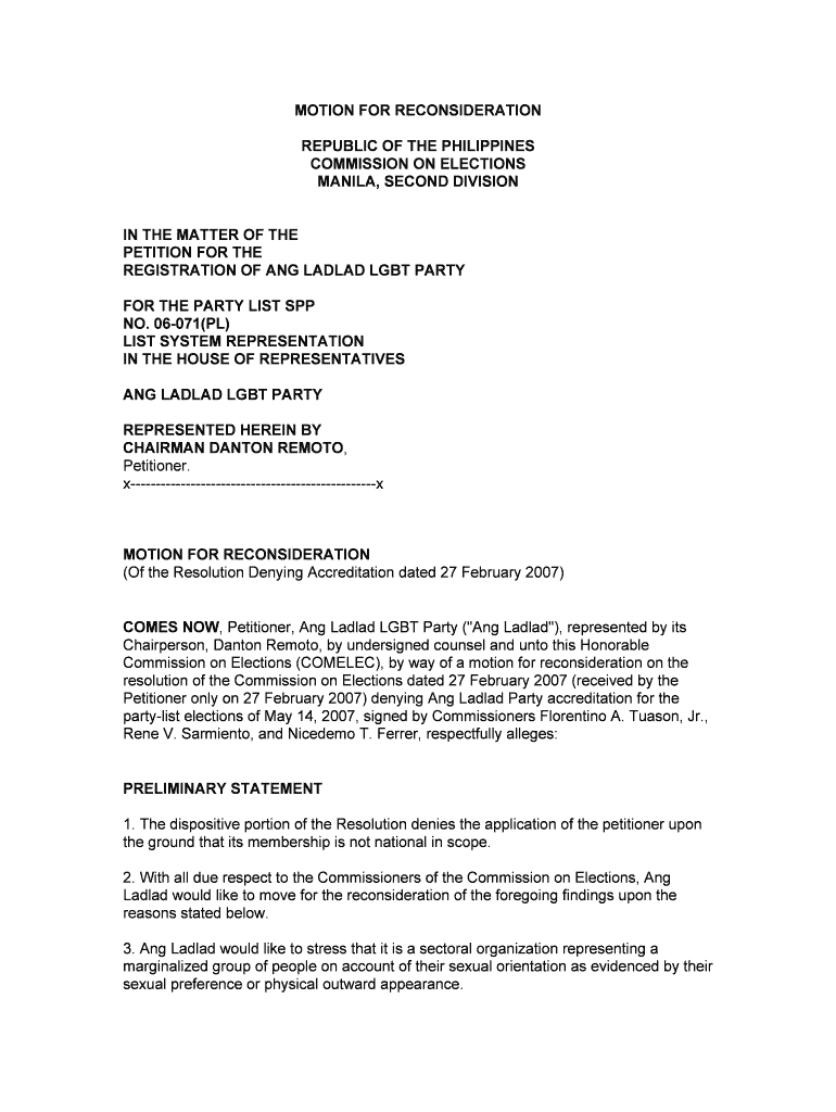 Fillable Online pcij Motion for reconsideration - pcij Fax Email Print ...