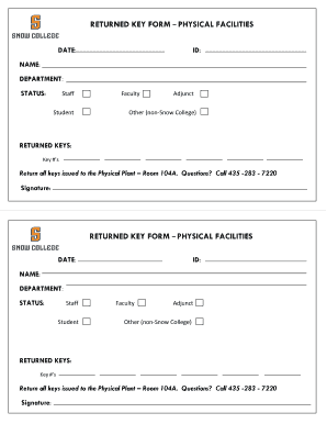 Fillable Online snow Key Return Form - Snow College - snow Fax Email ...
