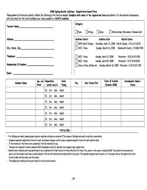 Fillable Online 2008 Spring Recital Auditions RegistrationAward Form ...