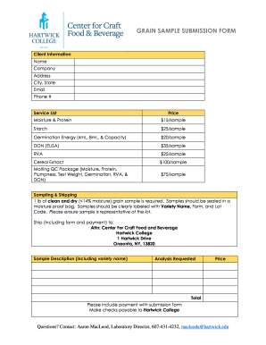 Fillable Online grain sample submission form - Hartwick College Fax ...