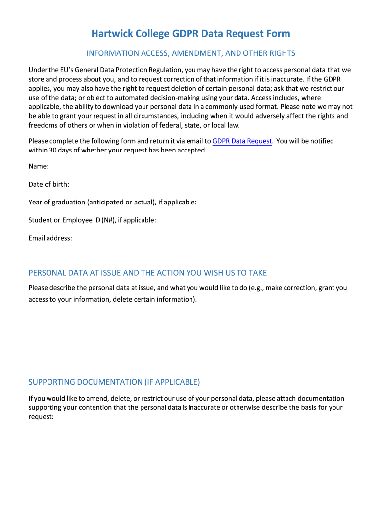 Fillable Online Hartwick College GDPR Data Request Form Fax Email Print ...