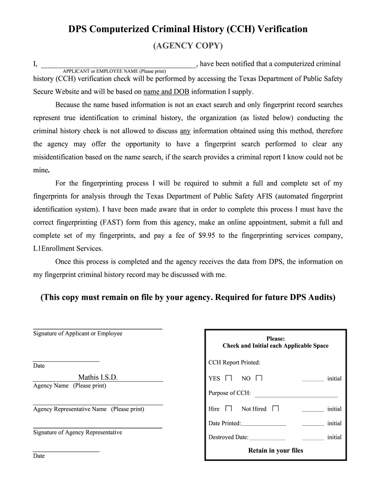 Fillable Online DPS Computerized Criminal History (CCH) Verification ...
