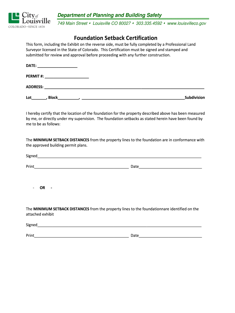Fillable Online Foundation Setback Certification - City of Louisville ...