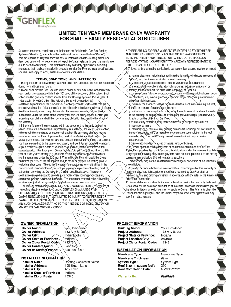 Fillable Online SAMPLE GenFlex Residential 10 Year Membrane Only ...