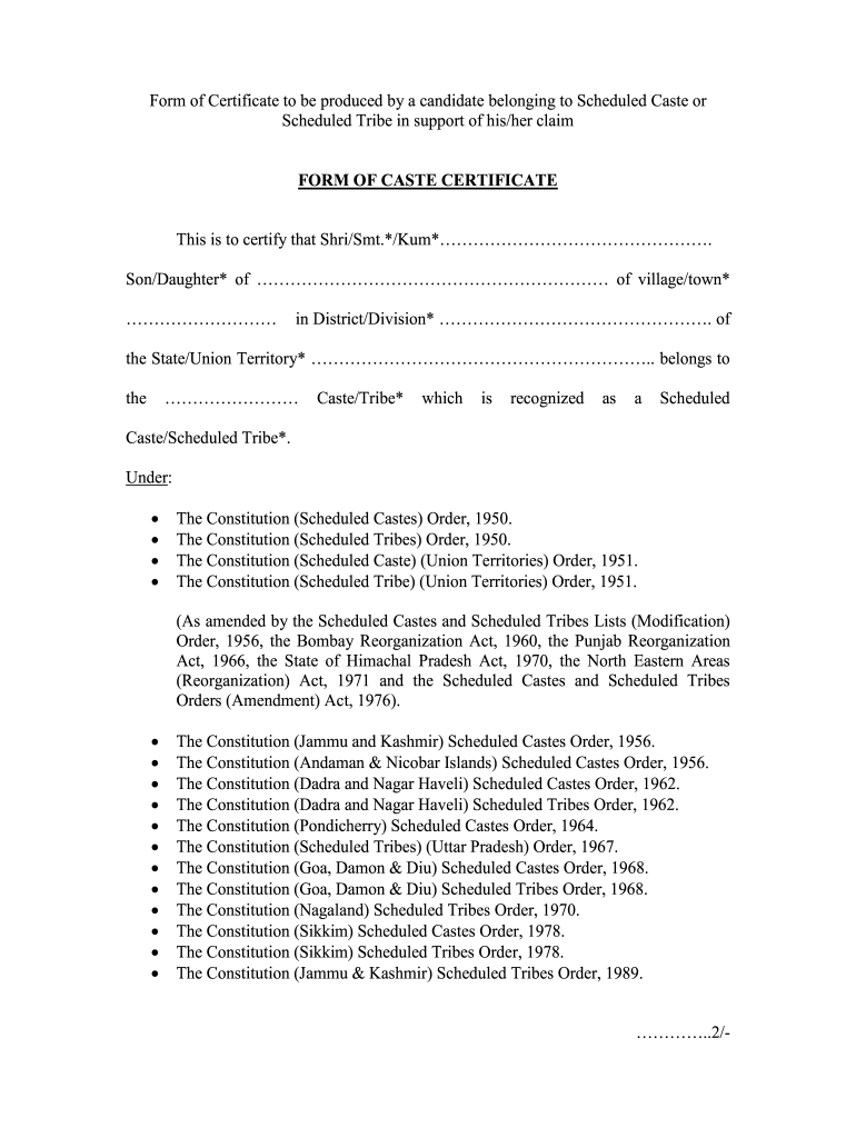 Fillable Online FORM OF SC / ST CASTE CERTIFICATE Form of Certificate ...