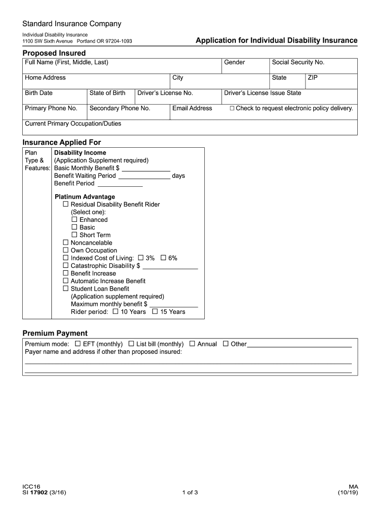 Fillable Online Standard Insurance Company Application for Individual ...