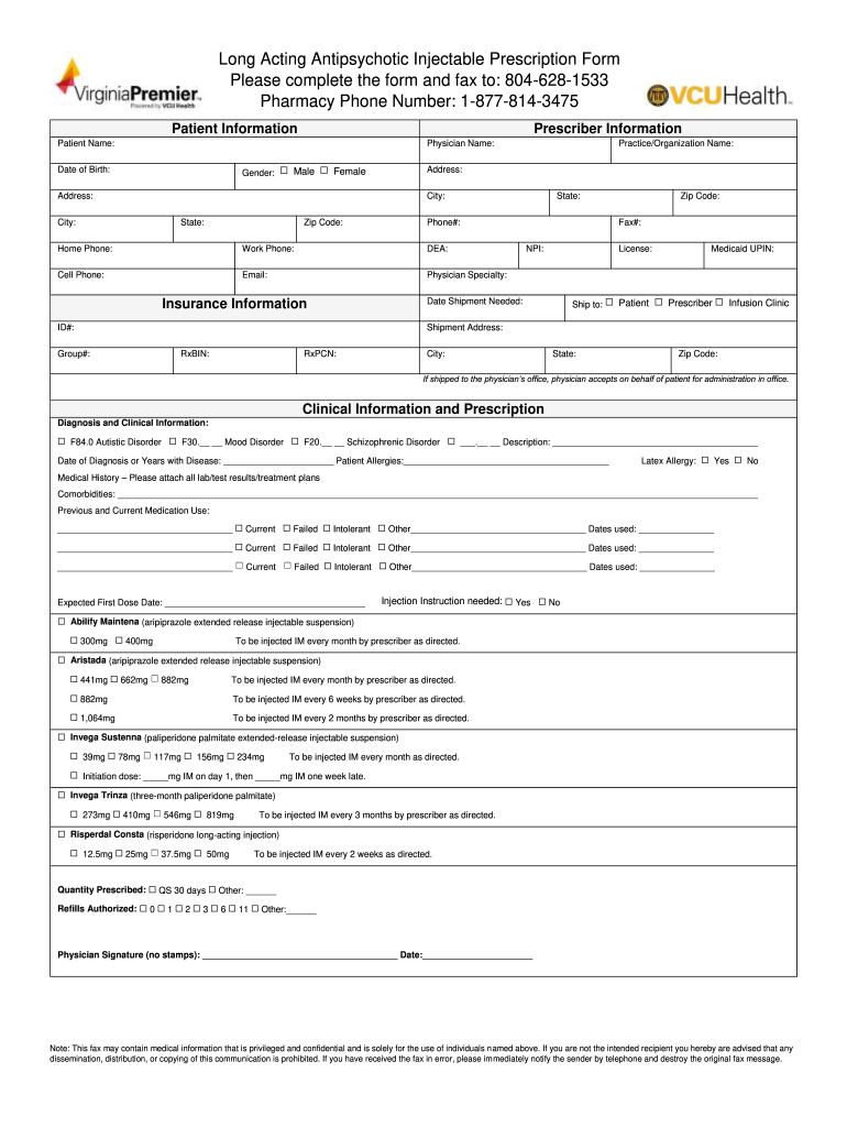 Fillable Online Long Acting Antipsychotic Injectable Prescription Form ...