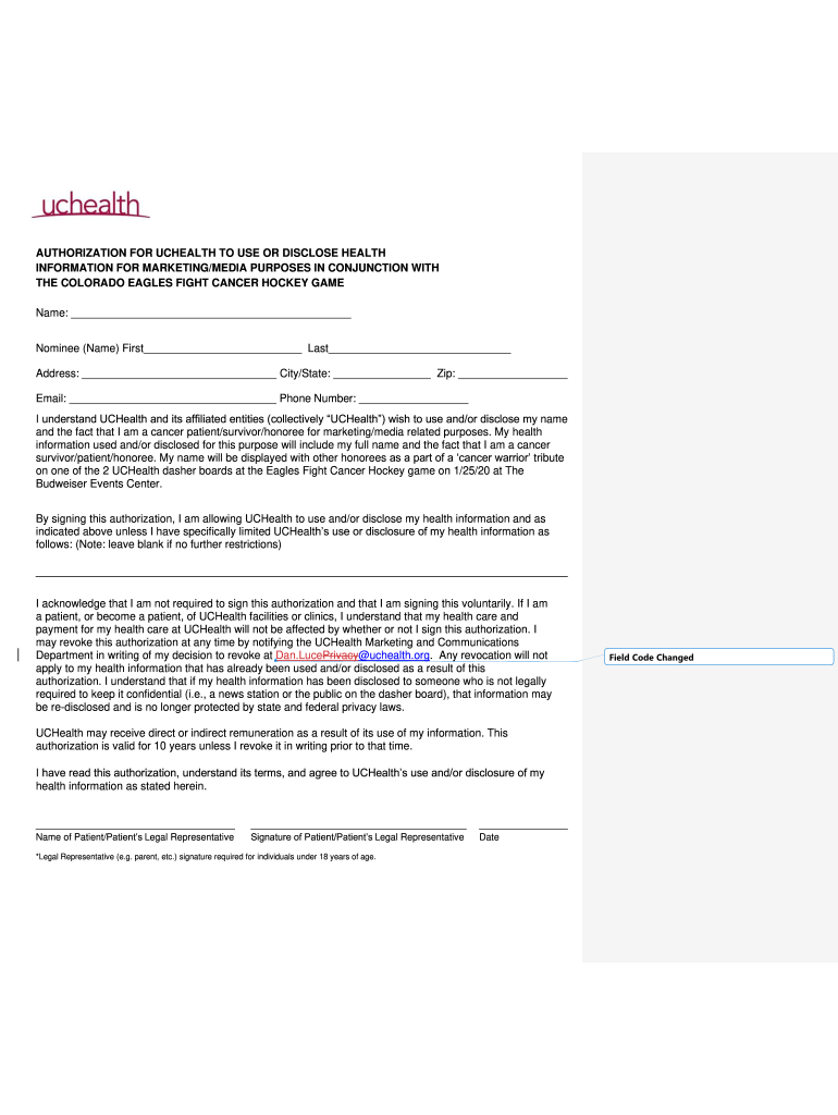 Fillable Online AUTHORIZATION FOR UCHEALTH TO USE OR DISCLOSE HEALTH Fax Email Print - pdfFiller
