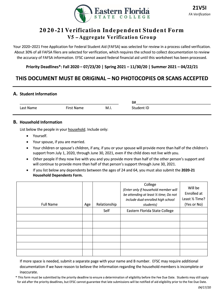Fillable Online 2020-21 Verification Independent Student Form Fax Email ...