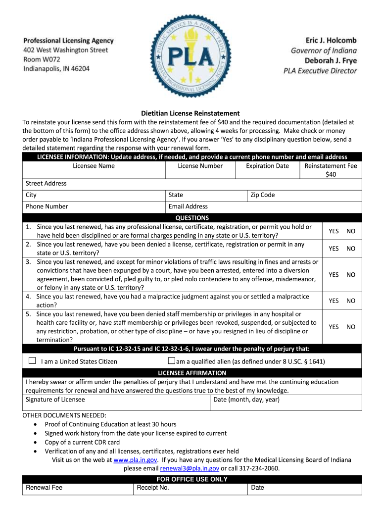 Fillable Online Dietitian License Reinstatement Fax Email Print - pdfFiller