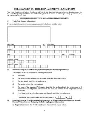 Fillable Online VOLKSWAGEN CC TIRE REPLACEMENT CLAIM FORM Fax Email ...