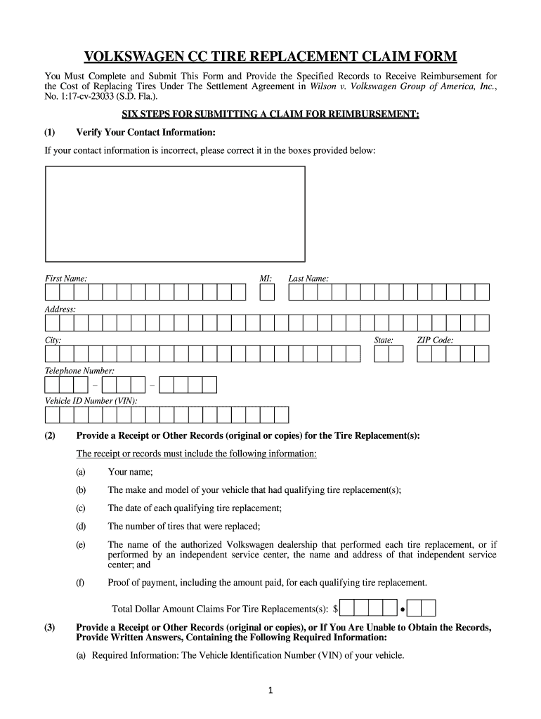 Fillable Online VOLKSWAGEN CC TIRE REPLACEMENT CLAIM FORM Fax Email ...