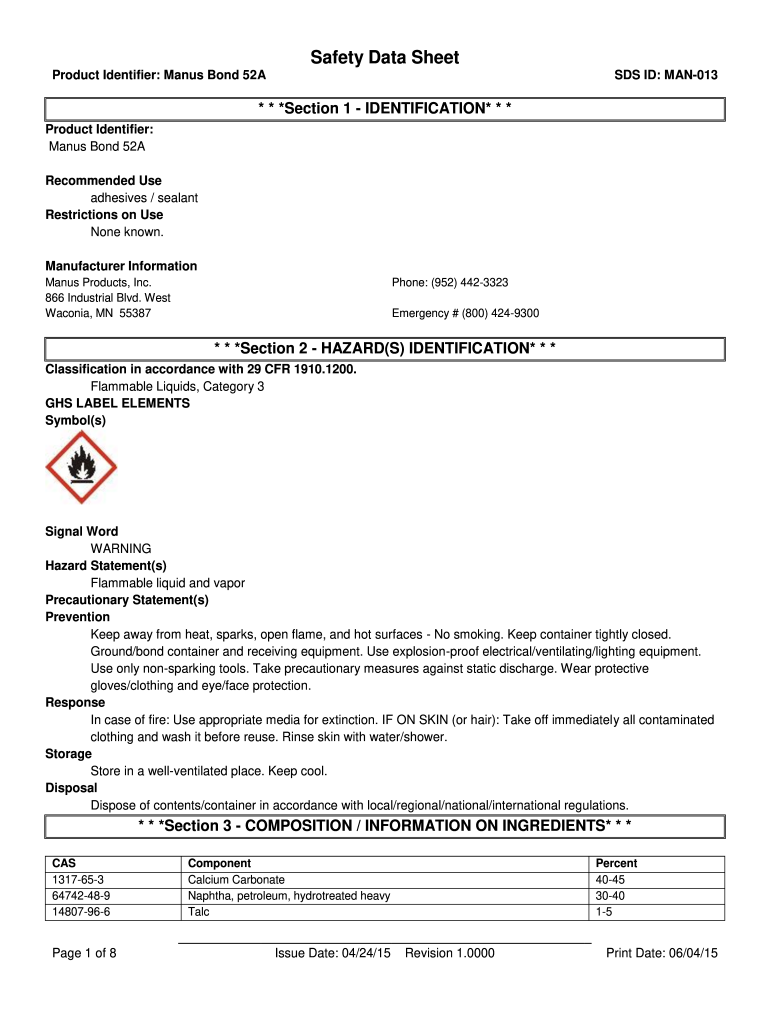 Fillable Online Manus Bond 501A - Manus Products Fax Email Print ...