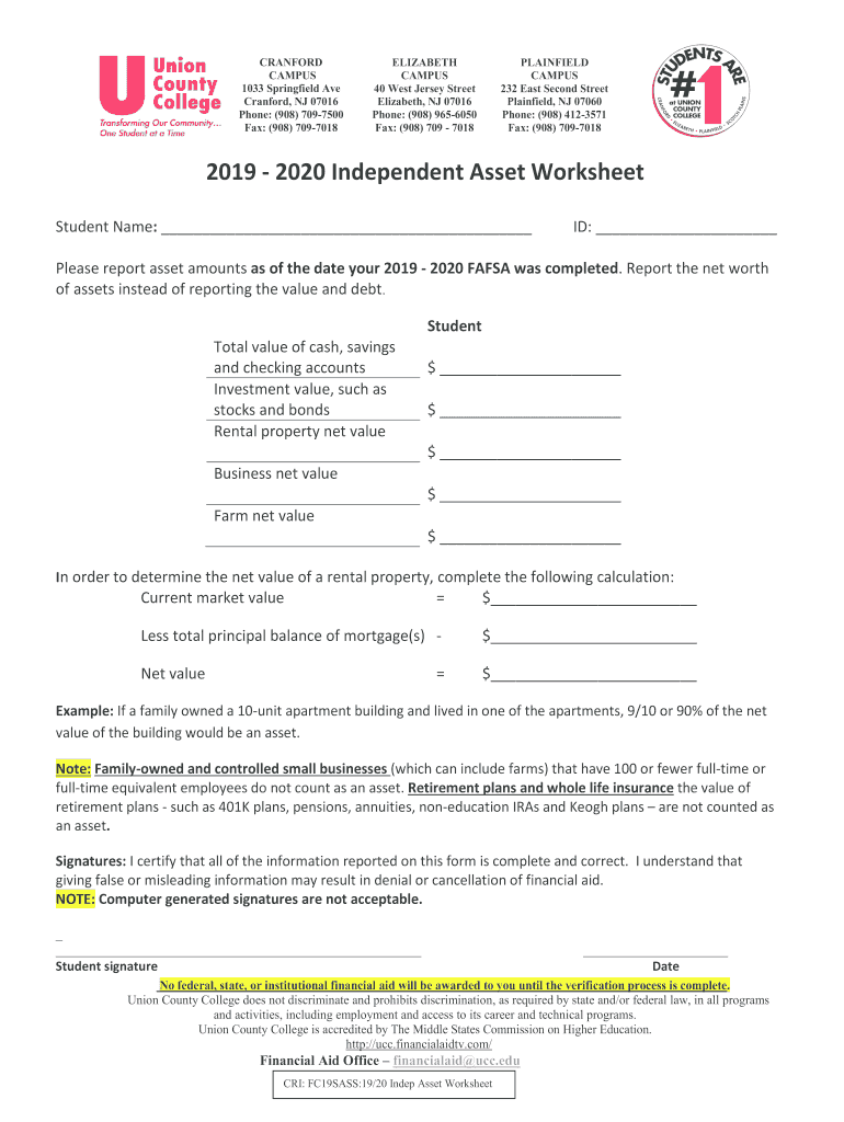 Fillable Online 2019 - 2020 Independent Asset Worksheet Fax Email Print ...