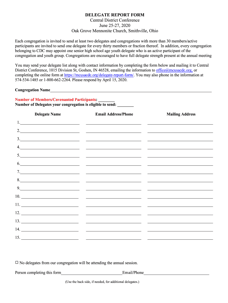 Fillable Online DELEGATE REPORT FORM Central District Conference June ...