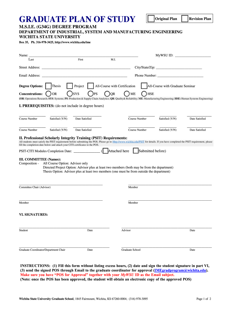 Fillable Online GRADUATE PLAN OF STUDY Original Plan Revision Plan Fax ...