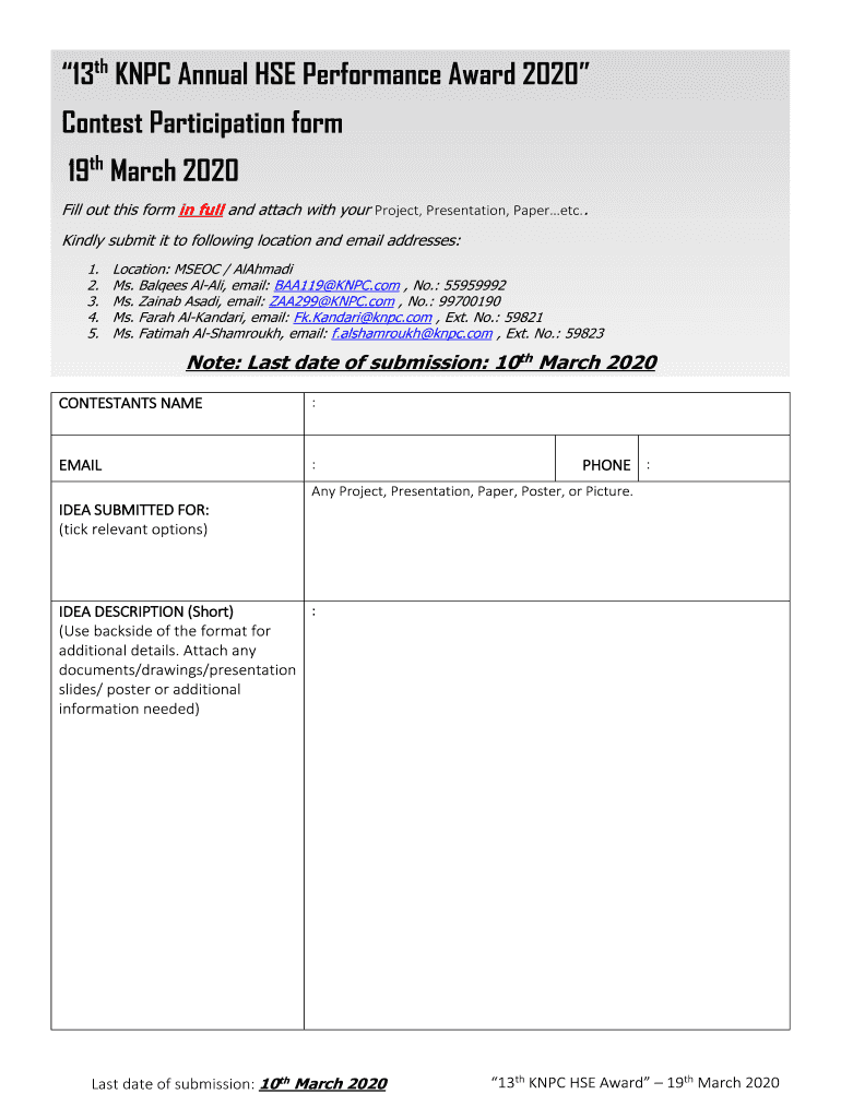 Fillable Online KNPC Annual HSE Performance Award 2020 Contest ...
