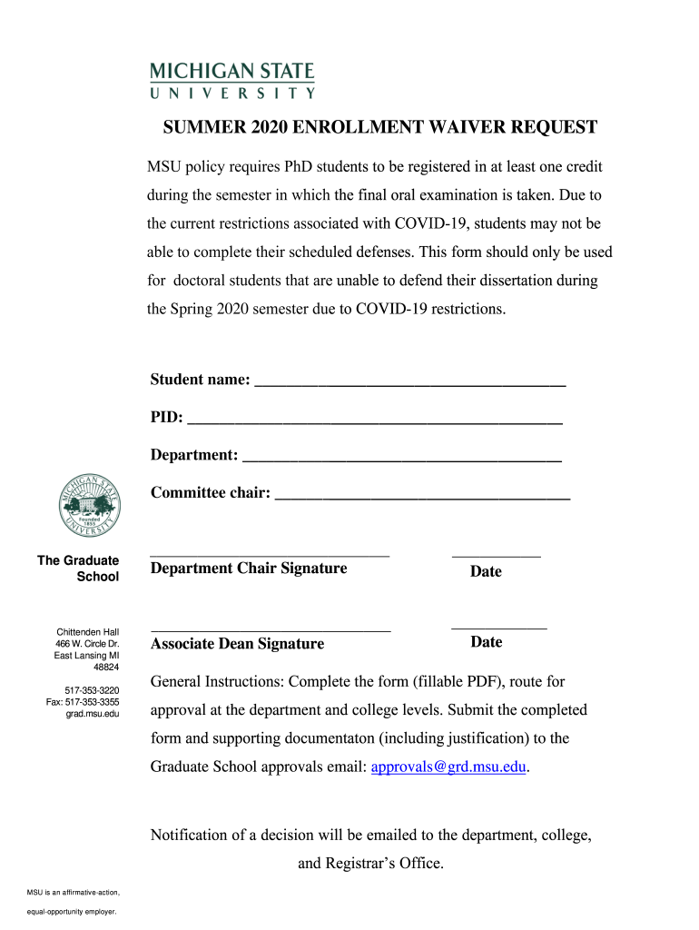 Fillable Online Summer 2020 Enrollment Waiver Form Fax Email Print - pdfFiller