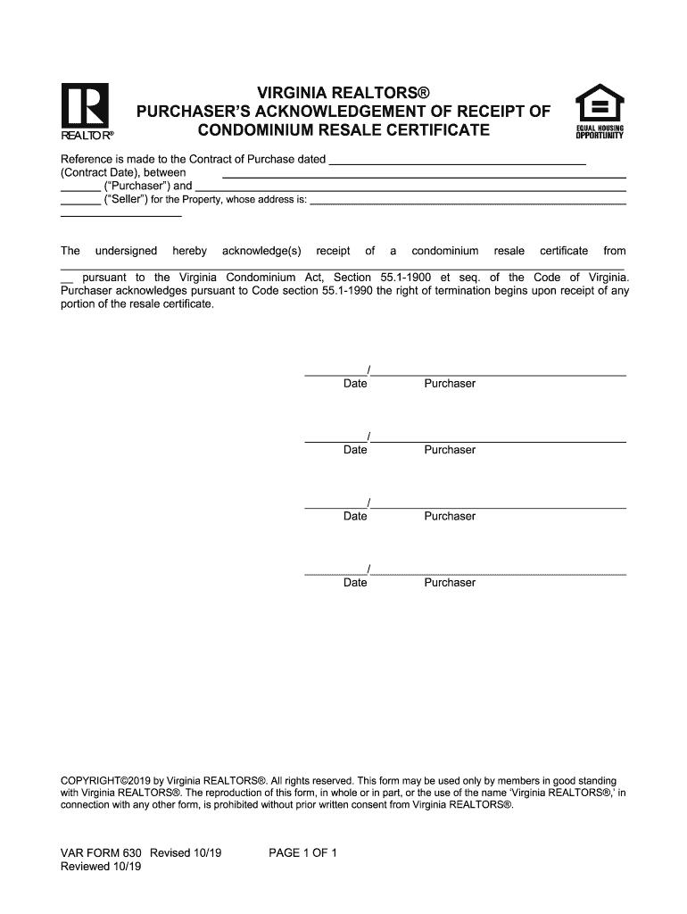 Fillable Online Virginia REALTORS Form 630 - Purchasers Acknowledgement ...