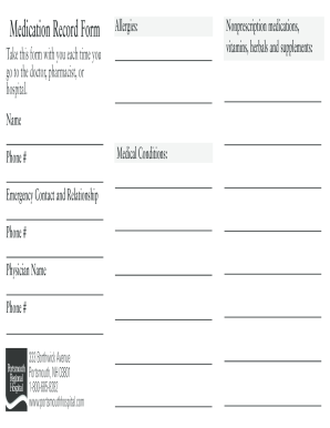 Fillable Online Medication Record Form. Record Form Fax Email Print ...