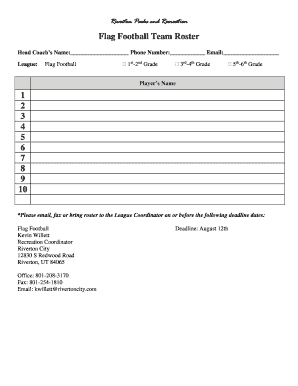 Fillable Online Flag Football Team Roster 1 2 3 4 5 6 7 8 9 10 Fax ...