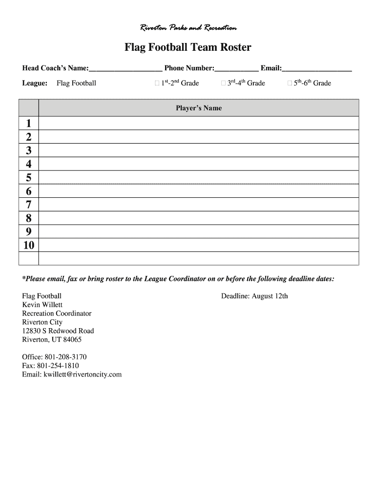 Fillable Online Flag Football Team Roster 1 2 3 4 5 6 7 8 9 10 Fax ...