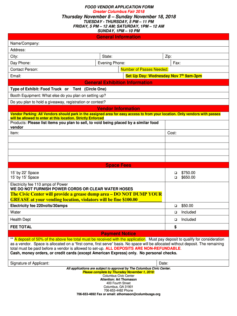 Fillable Online FOOD VENDOR APPLICATION FORM Greater Columbus Fair Fax ...