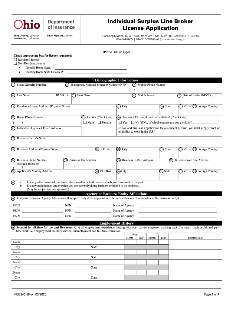 Fillable Online Forms - Ohio Department of Insurance Fax Email Print ...