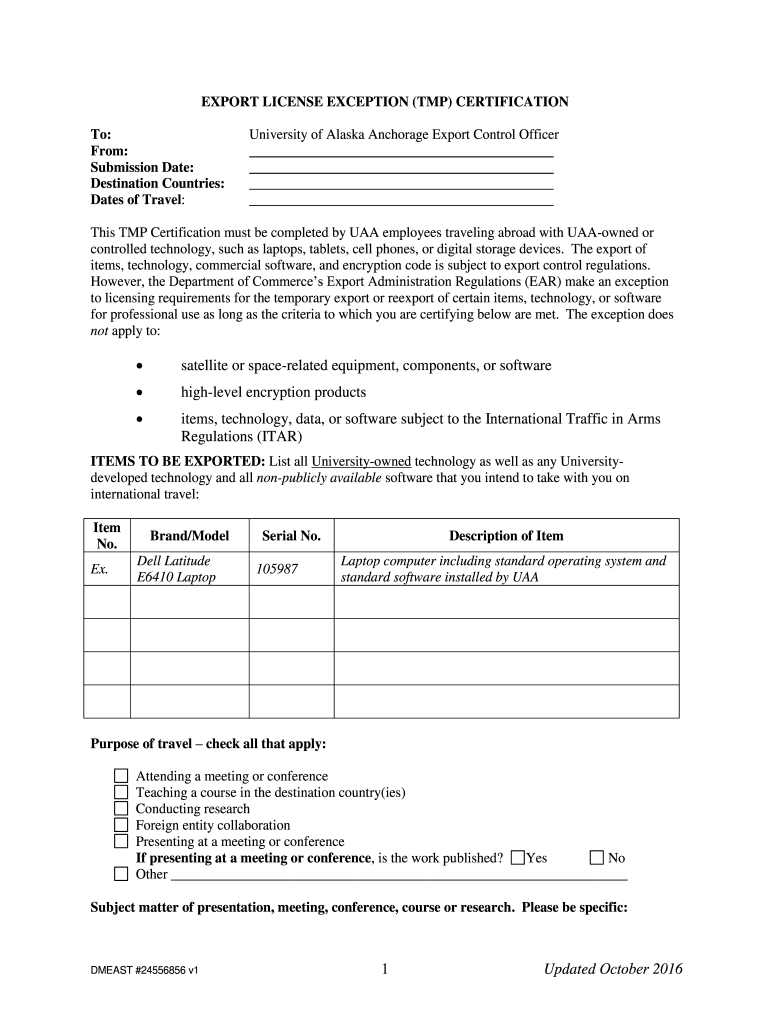 Fillable Online Export License Exceptions for Travel outside the United ...