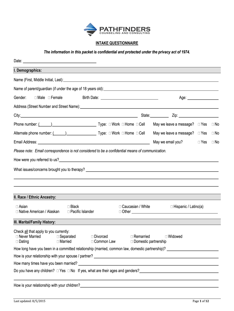 Fillable Online Adult Psychiatry Intake Form 28 Aug 18 Fax Email Print ...