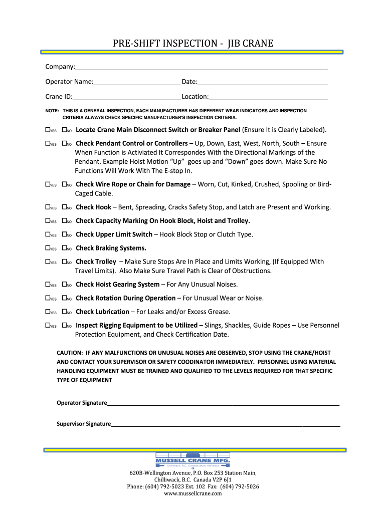 Fillable Online PRE-SHIFT INSPECTION -JIB CRANE Fax Email Print - pdfFiller