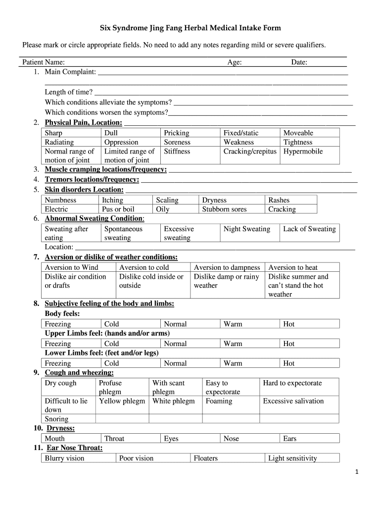 Fillable Online Six Syndrome Jing Fang Herbal Medical Intake Form Fax ...