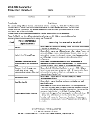 Fillable Online 2018-2019 Document of Independent Status Form Fax Email ...