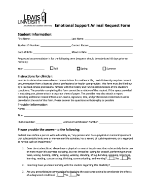 Fillable Online Emotional Support Animal Request Form - Lewis University Fax Email Print - pdfFiller